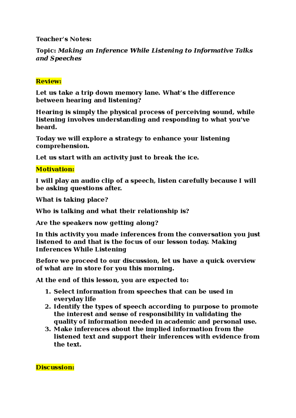Grade 10 Making Inferences: Teacher's Notes on Listening Skills - Studocu