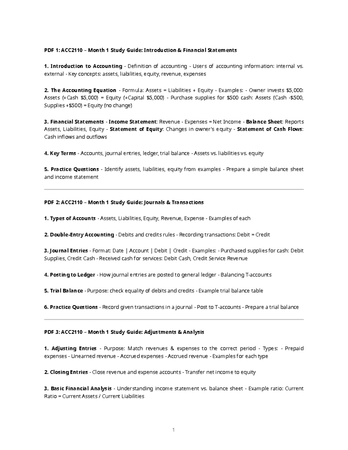 ACC2110 Month 1 Study Guides: Financial Statements & Adjustments - Studocu