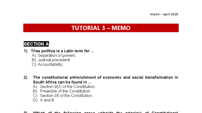Tutorial 3.1 Questions on Constitutional Law - March April 2025 - Studocu
