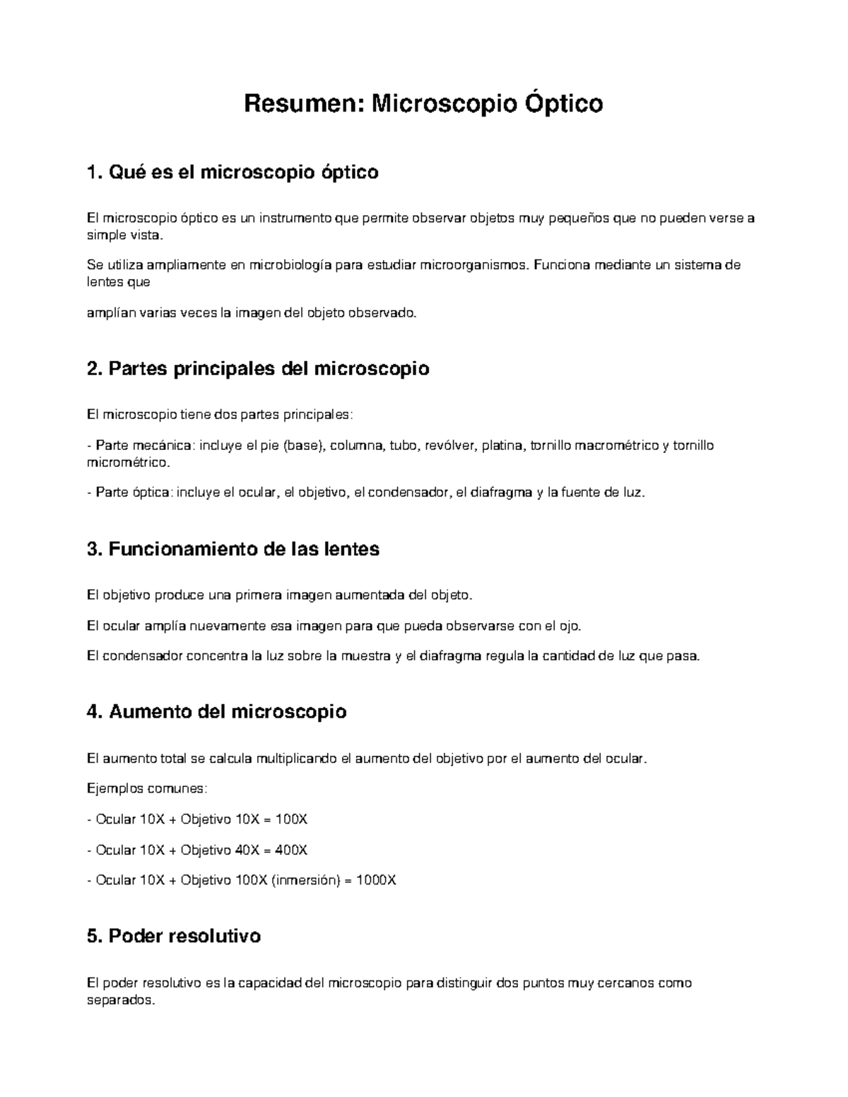 Resumen: Microscopio Óptico - Funcionamiento y Partes Clave - Studocu