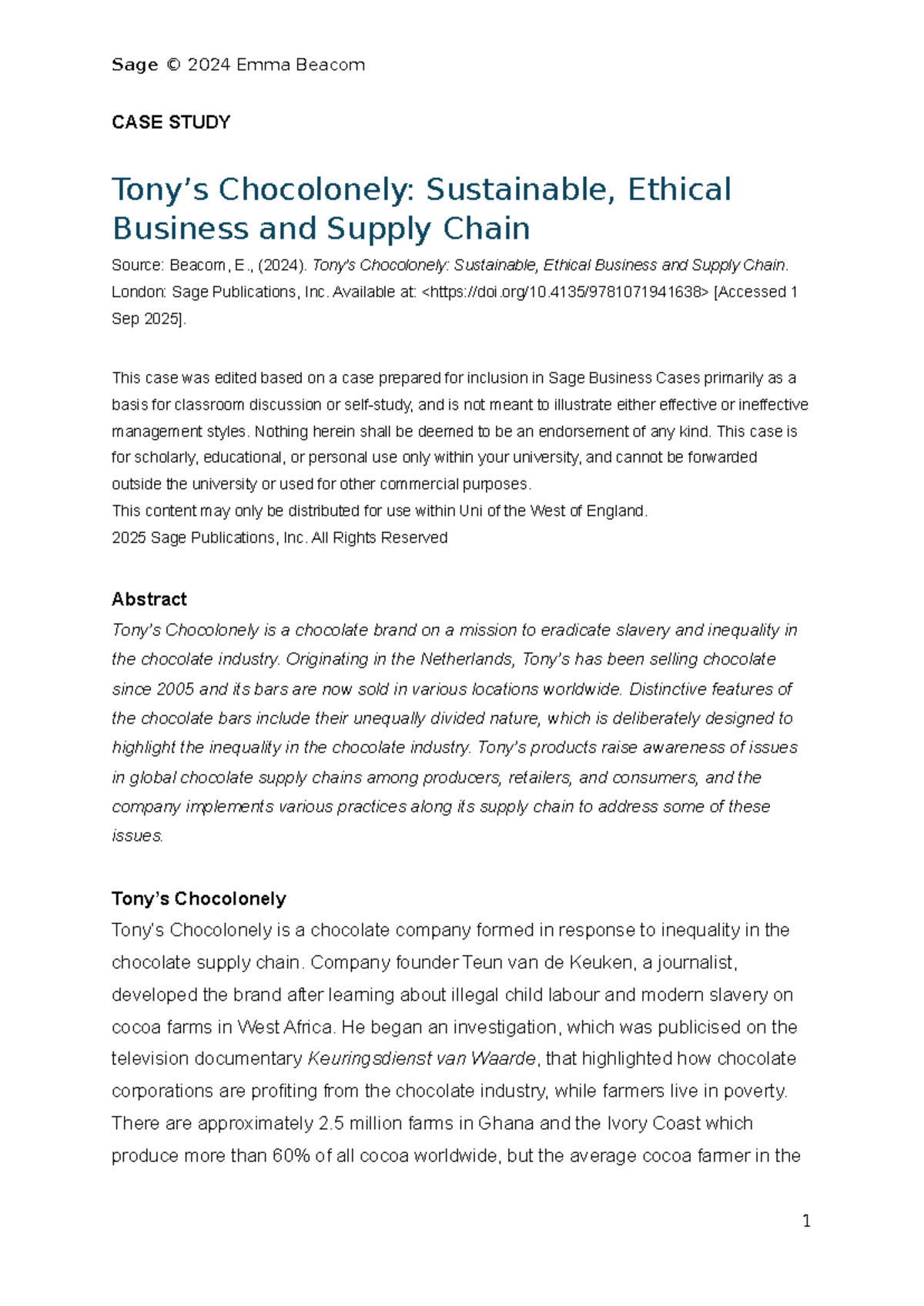 SAGE 2024 Emma Beacom CASE STUDY: Chocolonely's Ethical Supply Chain ...