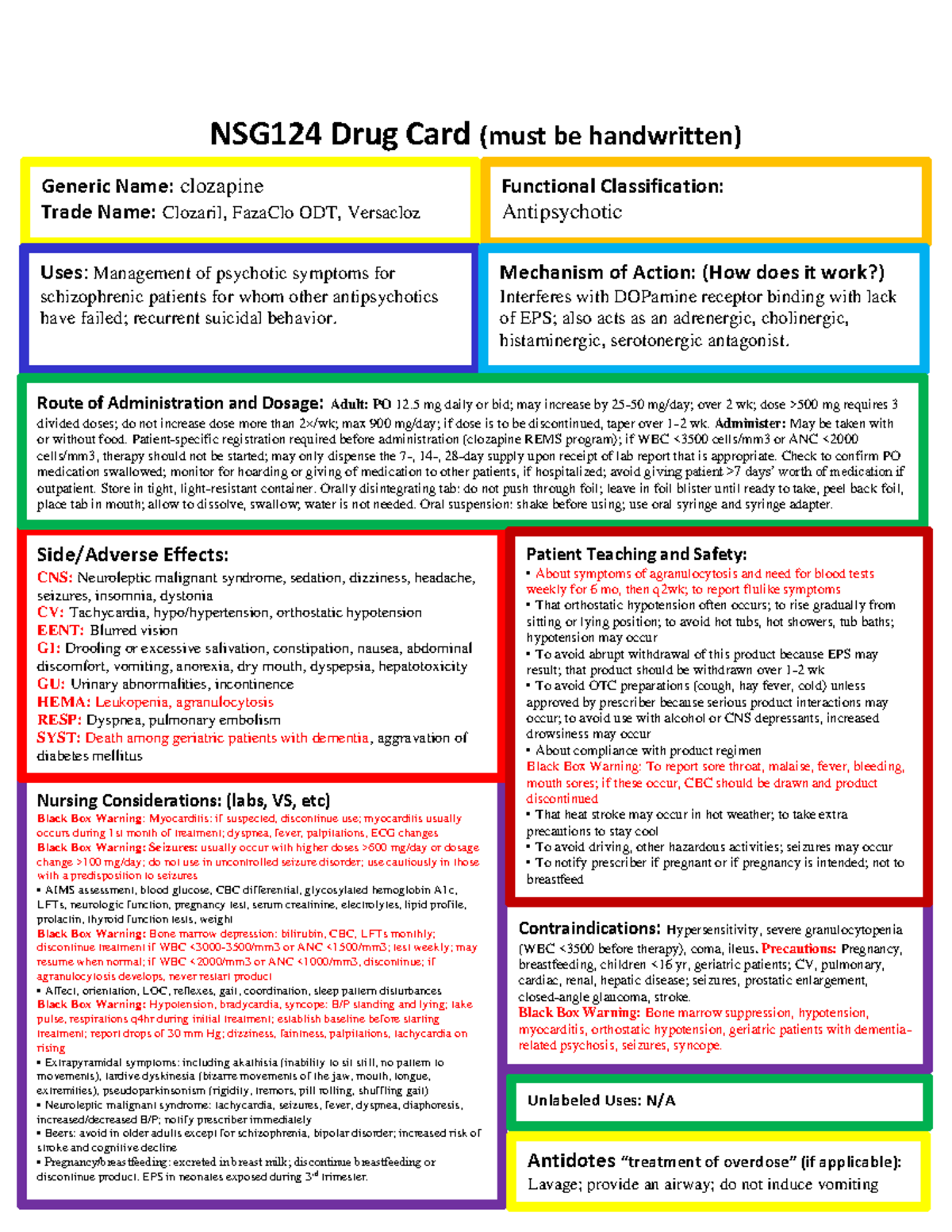 Clozapine (NSG124) Drug Card: Nursing Considerations & Warnings - Studocu