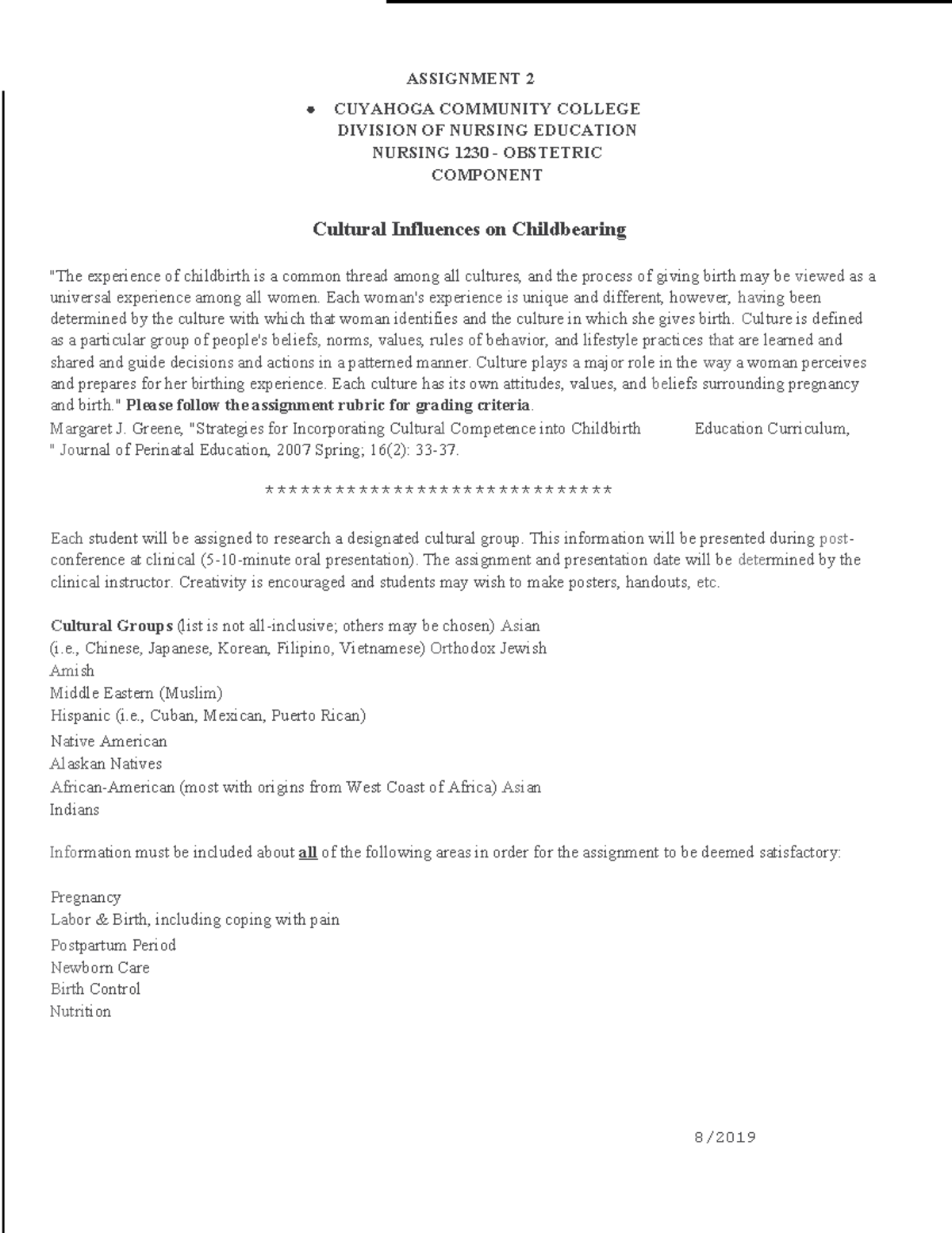 NURSING 1230 ASSIGNMENT 2: Cultural Influences on Childbearing - Studocu