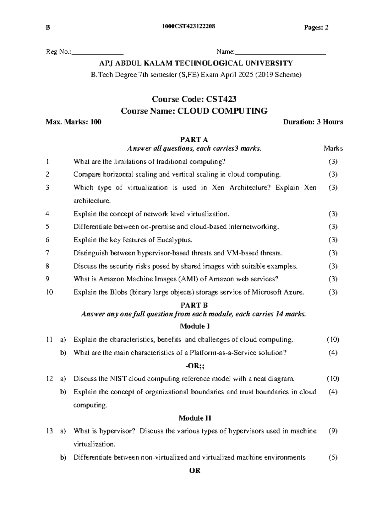 CST423 QSN PAPER: Cloud Computing Exam April 2025 - Studocu