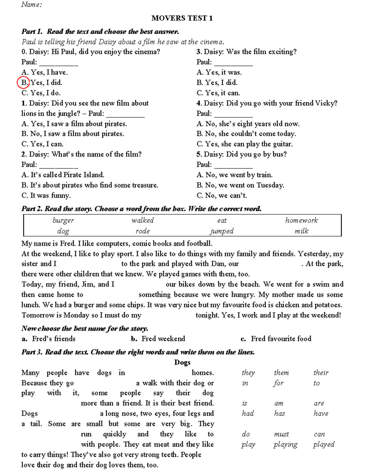 Movers Reading & Writing Test 1: Practice Questions - Studocu