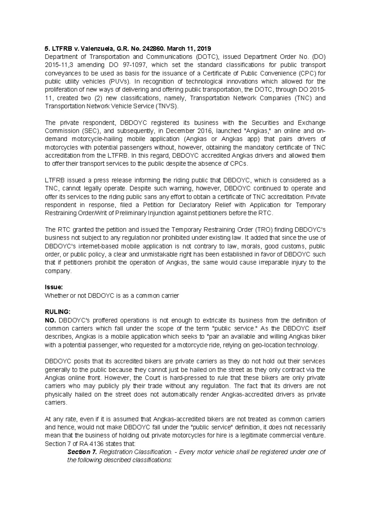 LTFRB v. Valenzuela: G.R. No. 242860 Case Digest Analysis - Studocu