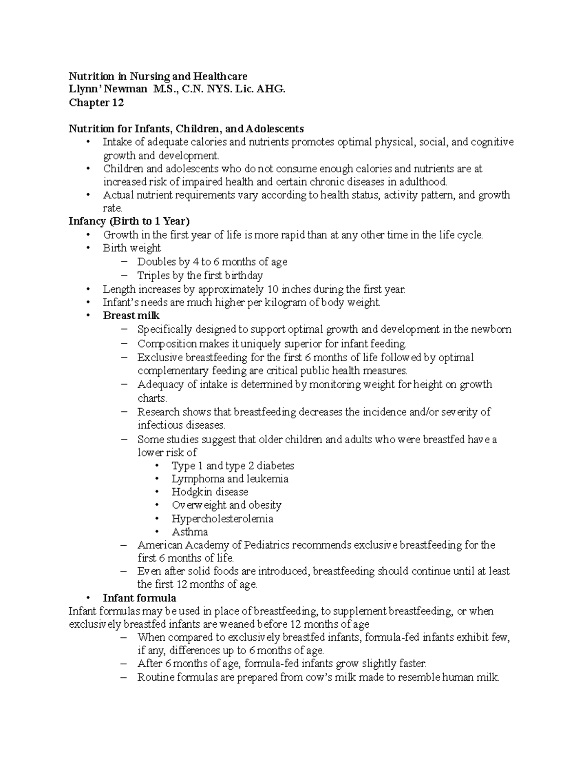 Nutrition for Infants, Children and Adolescents Chp. 12 - Nutrition in ...