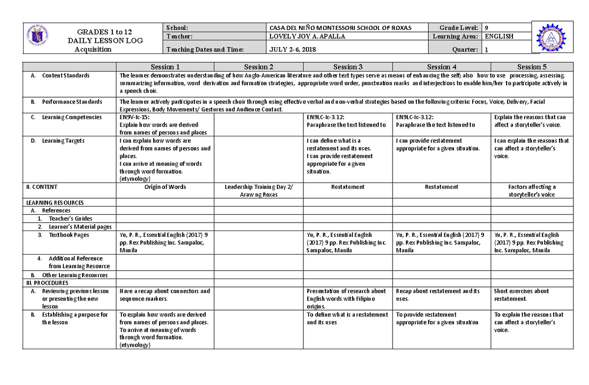 Grade 9 English Lesson Log: Word Origins & Restatement (Q1, Week 4 ...