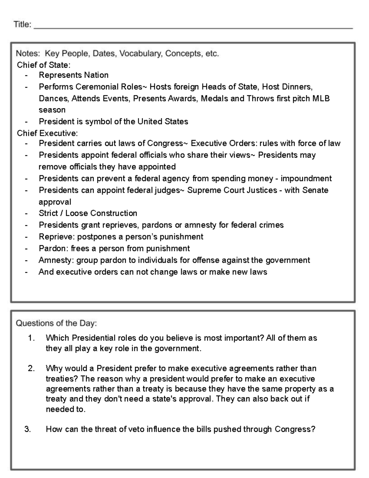 Presidential Roles & Powers: Lecture Notes (Course Code TBD) - Studocu