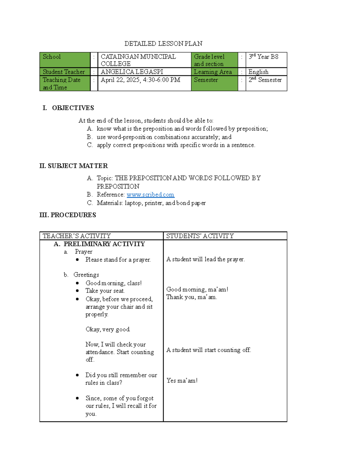 Detailed Lesson Plan on Prepositions - ENG 3rd Year B8 - Studocu