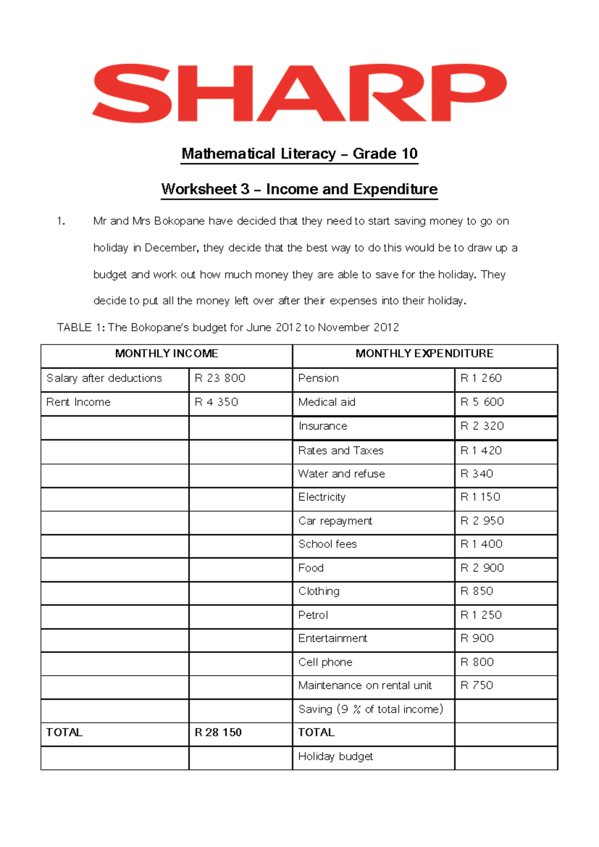 Grade 10 Maths Worksheet 3: Income & Expenditure Planning - Studocu