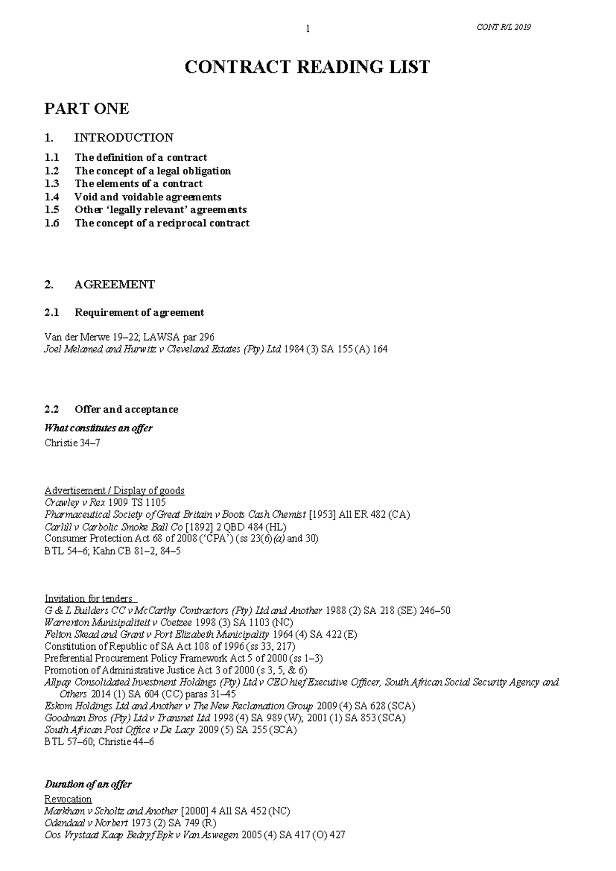 CONT 2019 Contract Reading List: Key Concepts and Case Studies - Studocu