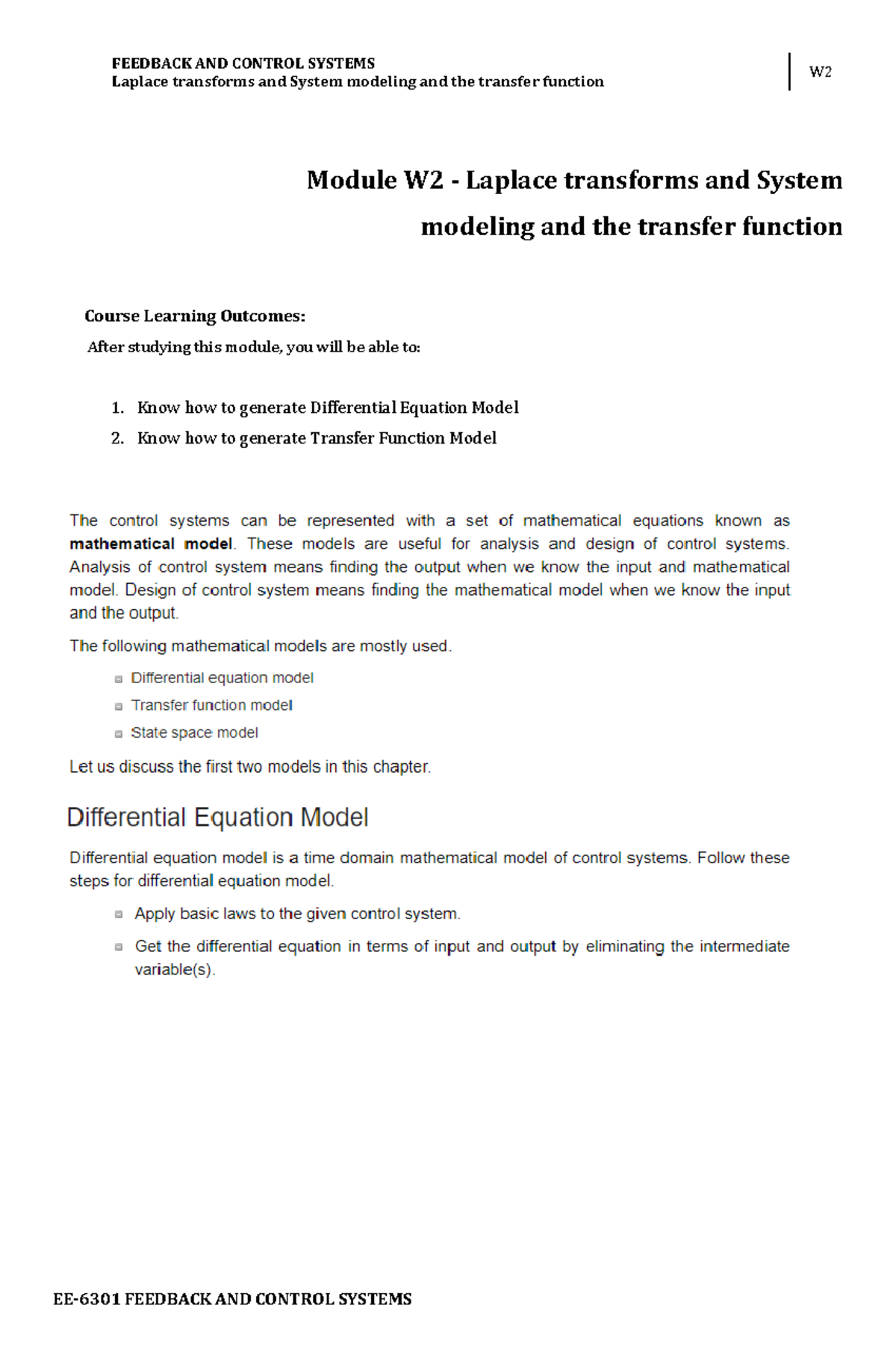 3 - Feedback and Control System - FEEDBACK AND CONTROL SYSTEMS Laplace ...