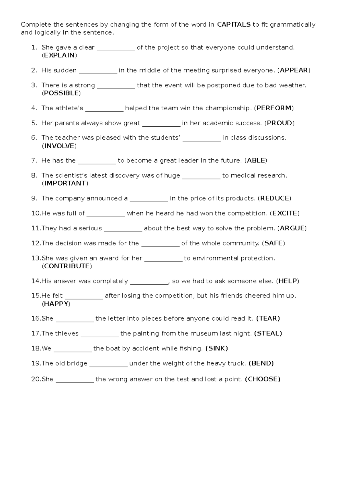 Different Forms of Words: Grammar Exercise - Studocu