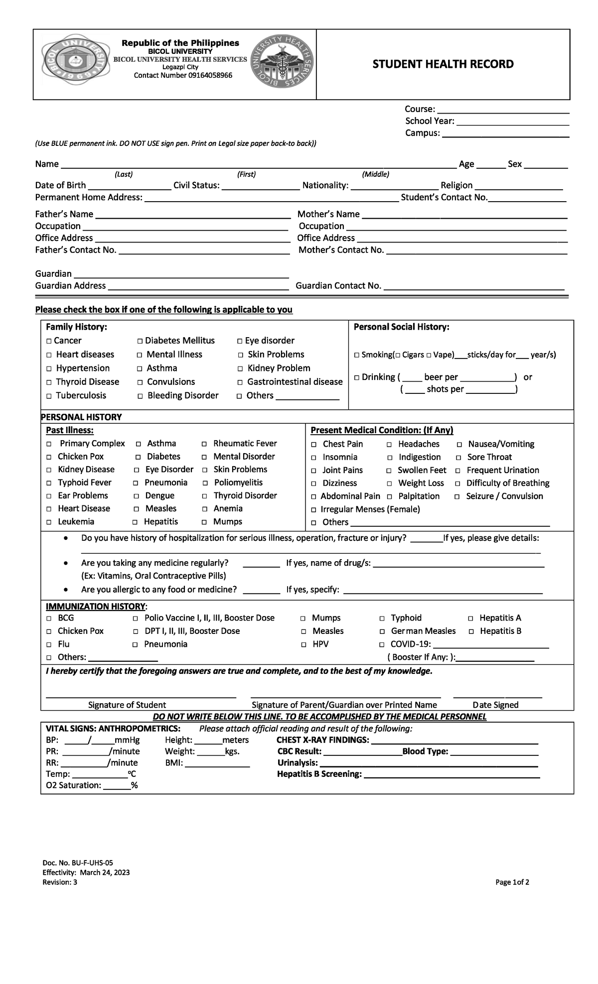 BICU Health Services Student Health Record Form 2023 - Studocu