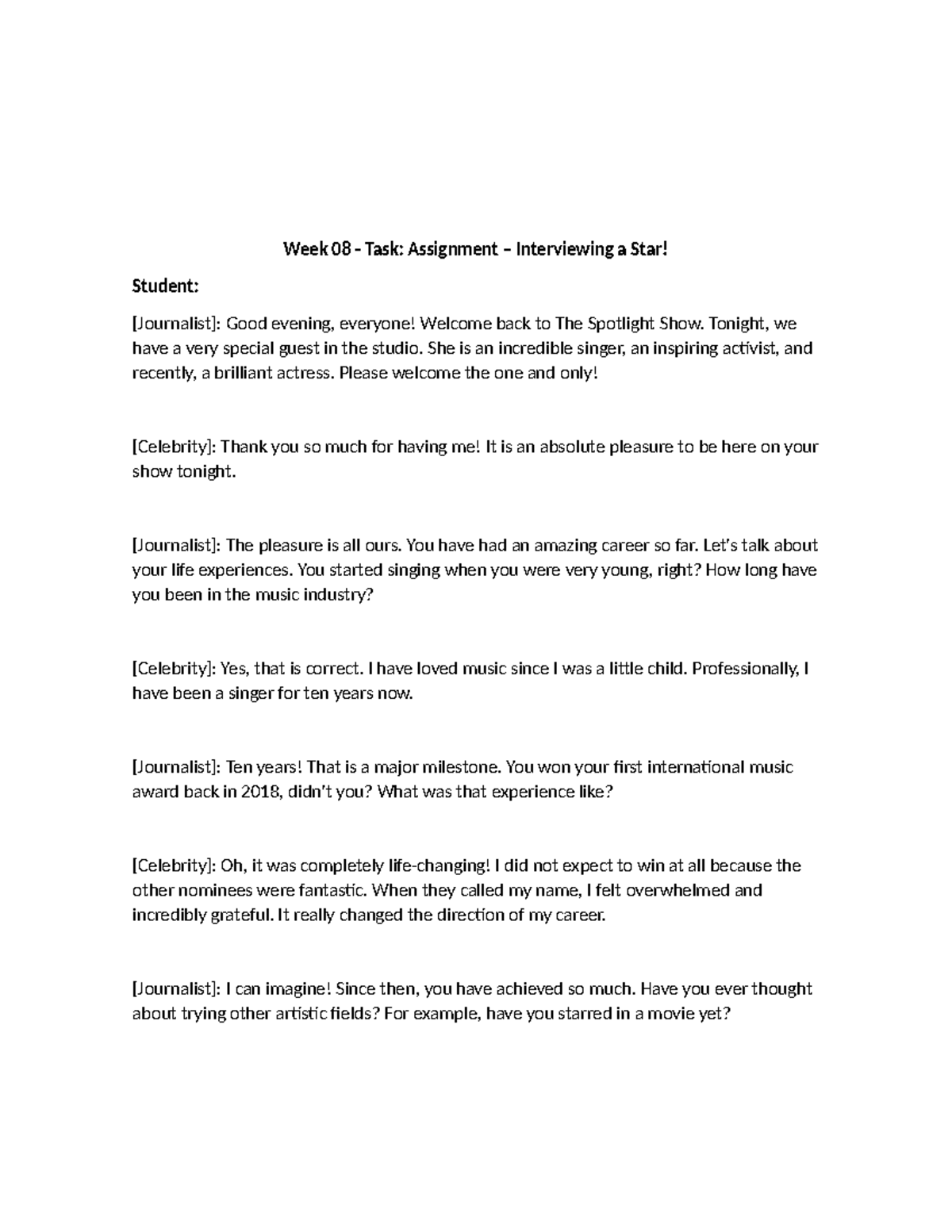 Week 08 Task: Assignment - Interviewing a Star! - Studocu