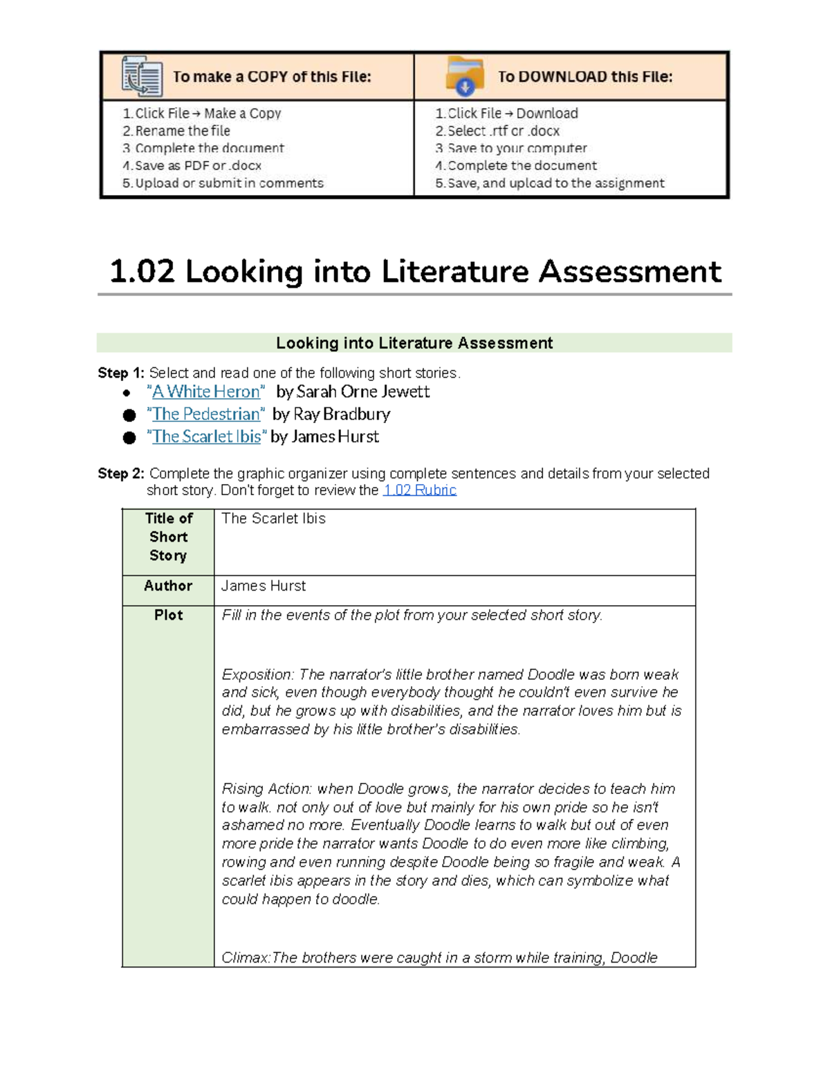 1.02 Literature Assessment: Analyzing "The Scarlet Ibis" - Studocu