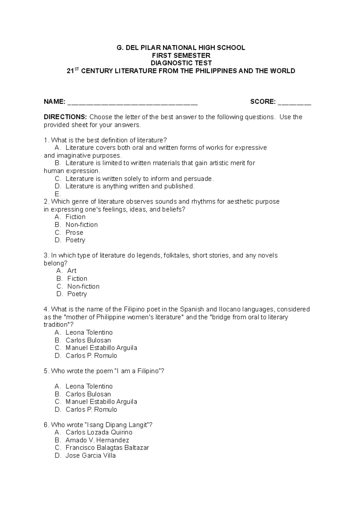 21st Century Lit - 1st Sem Diagnostic Test Review Guide - Studocu