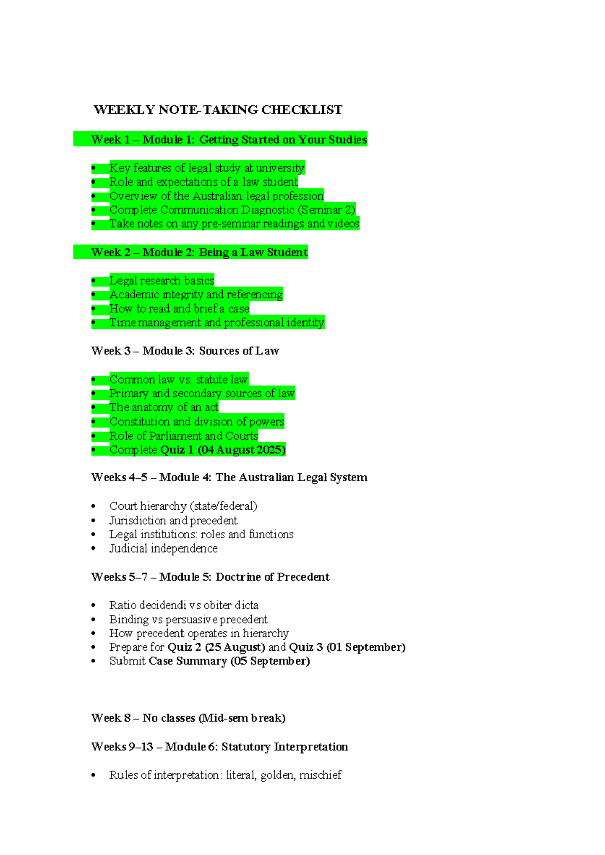 FAL Weekly Checklist: Modules 1-8 & Final Exam Prep - Studocu