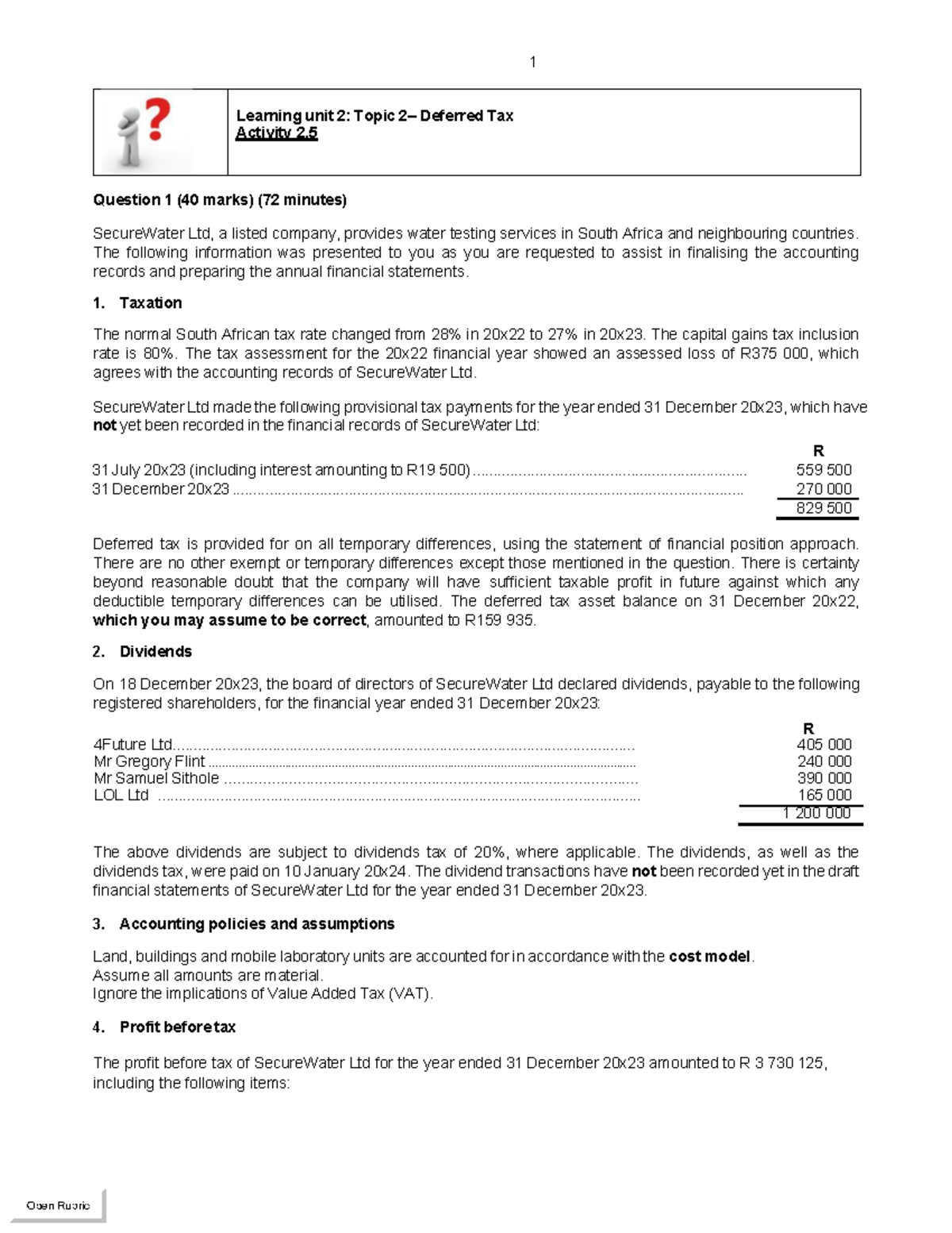 2.5 Integrated Questions: Income Tax Analysis for SecureWater Ltd - Studocu