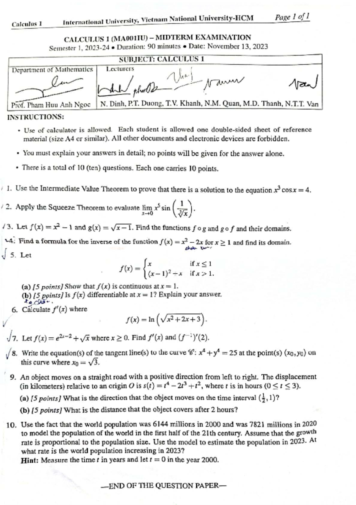 Calculus 1 (MATH 82395) Midterm Exam - Semester 1, 2023 - Studocu