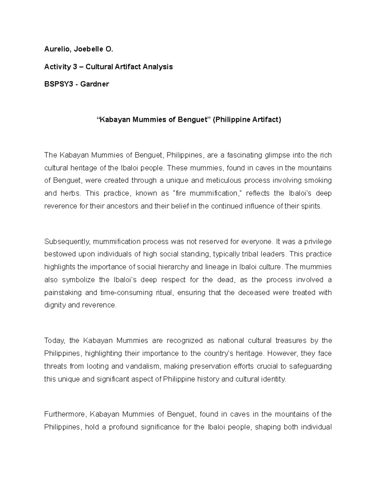 Kabayan Mummies OF Benguet - Aurelio, Joebelle O. Activity 3 – Cultural ...