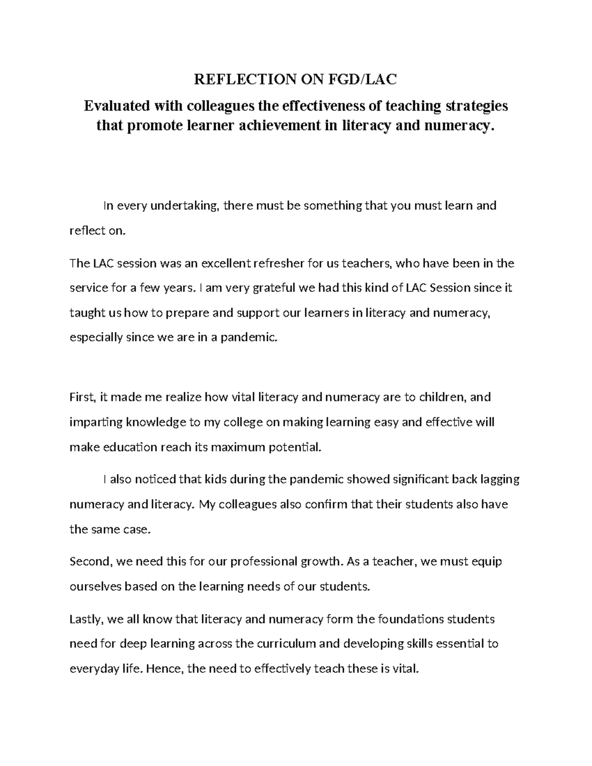 Reflection Notes on FGD/LAC for Literacy & Numeracy Achievement - Studocu