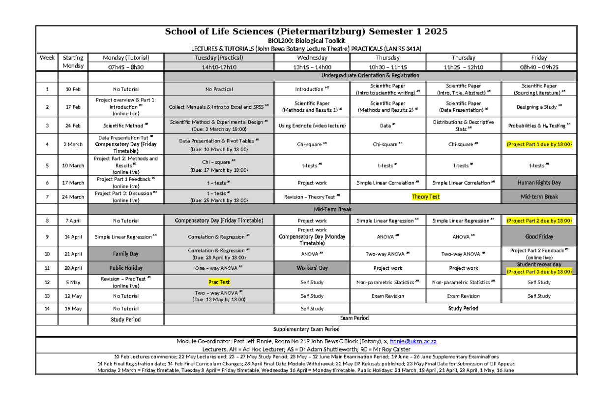 Biol200: Biological toolkit semester 1 timetable 2025 - Studocu