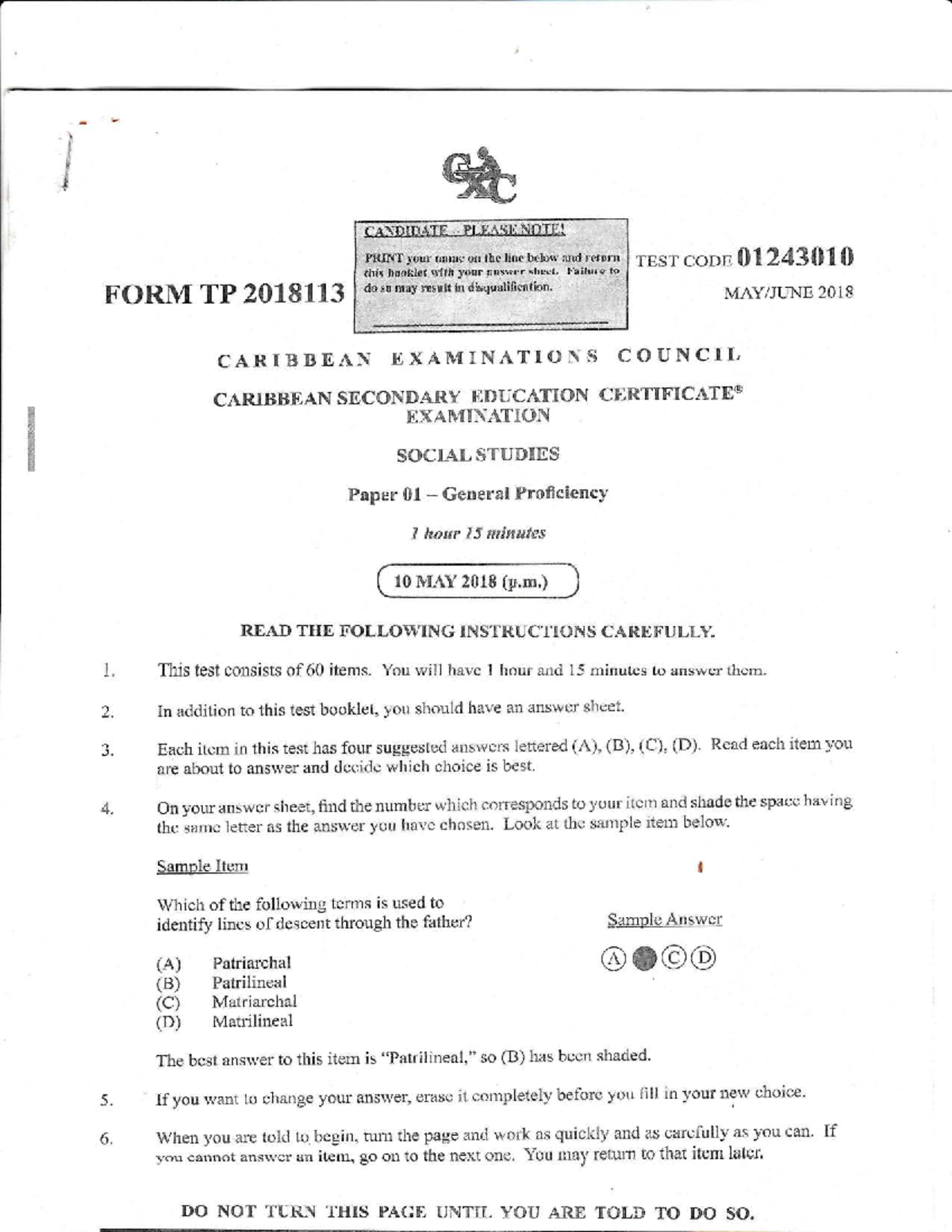 Caribbean Secondary Education Certificate (CSEC) Test Code 01243S10 ...