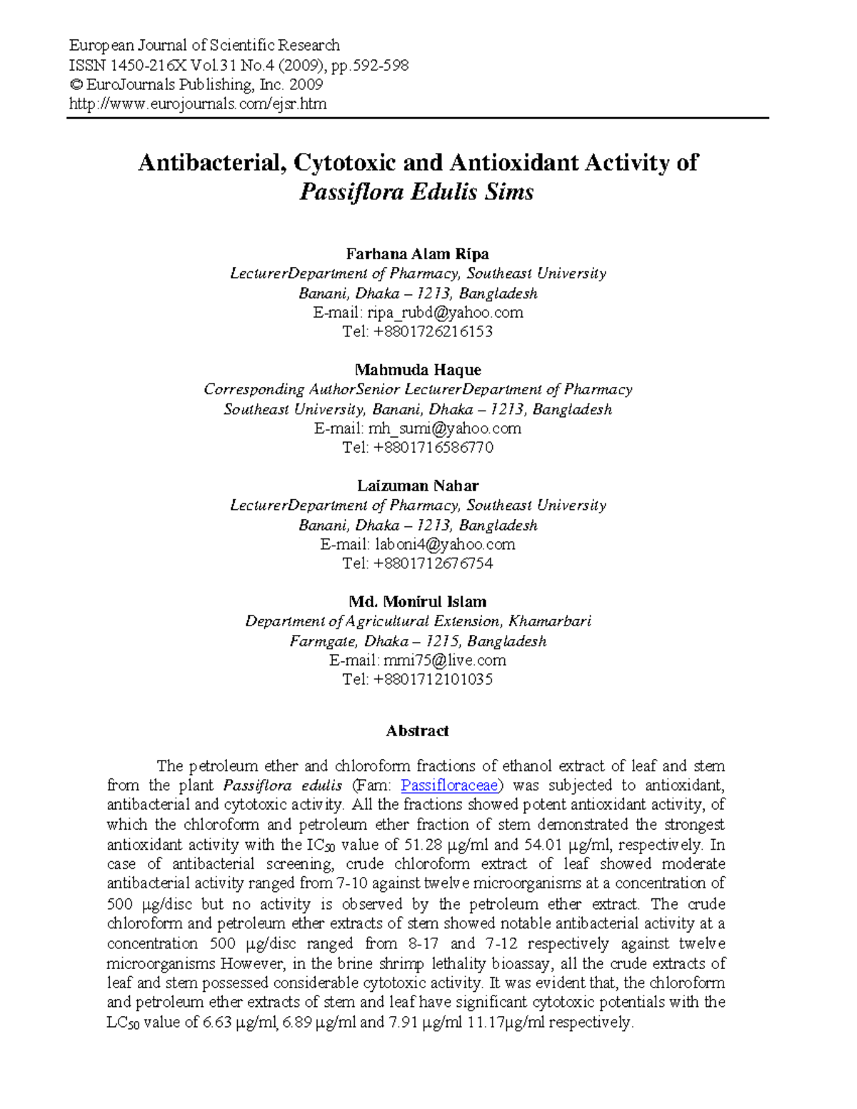 Antibacterial, Cytotoxic & Antioxidant Activity of Passiflora Edulis ...
