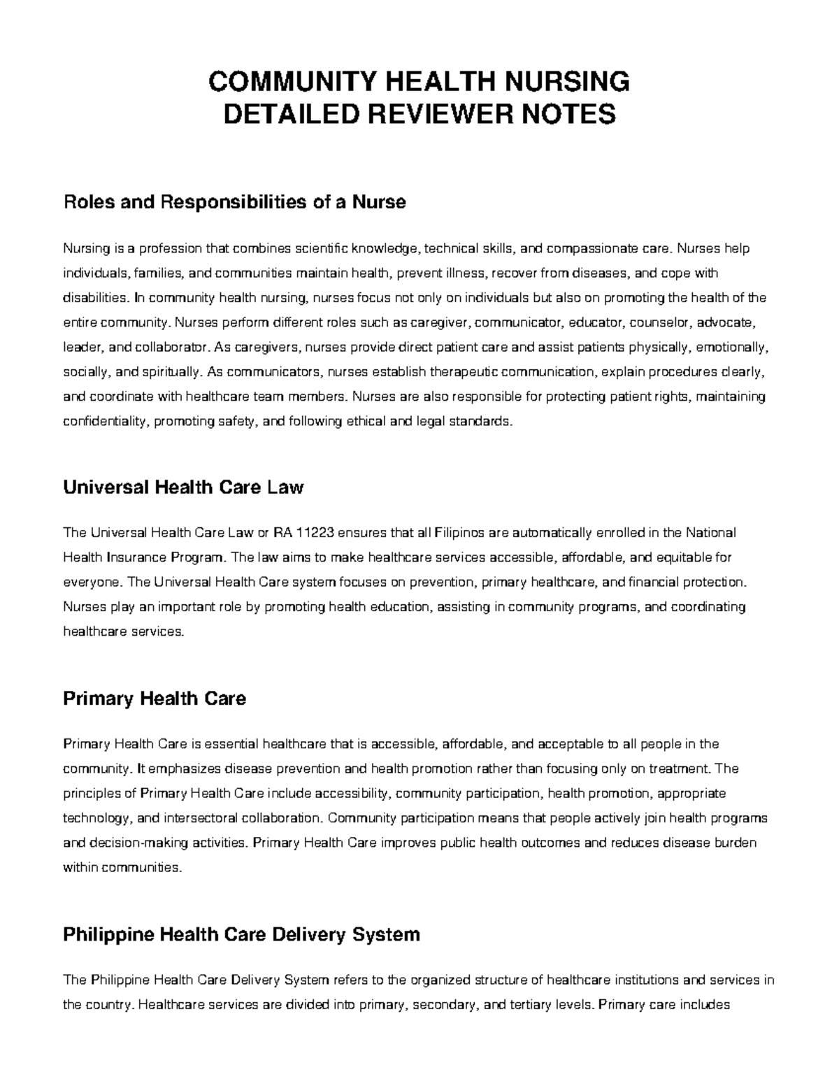 COMMUNITY HEALTH NURSING (CHN) DETAILED REVIEWER NOTES - Studocu