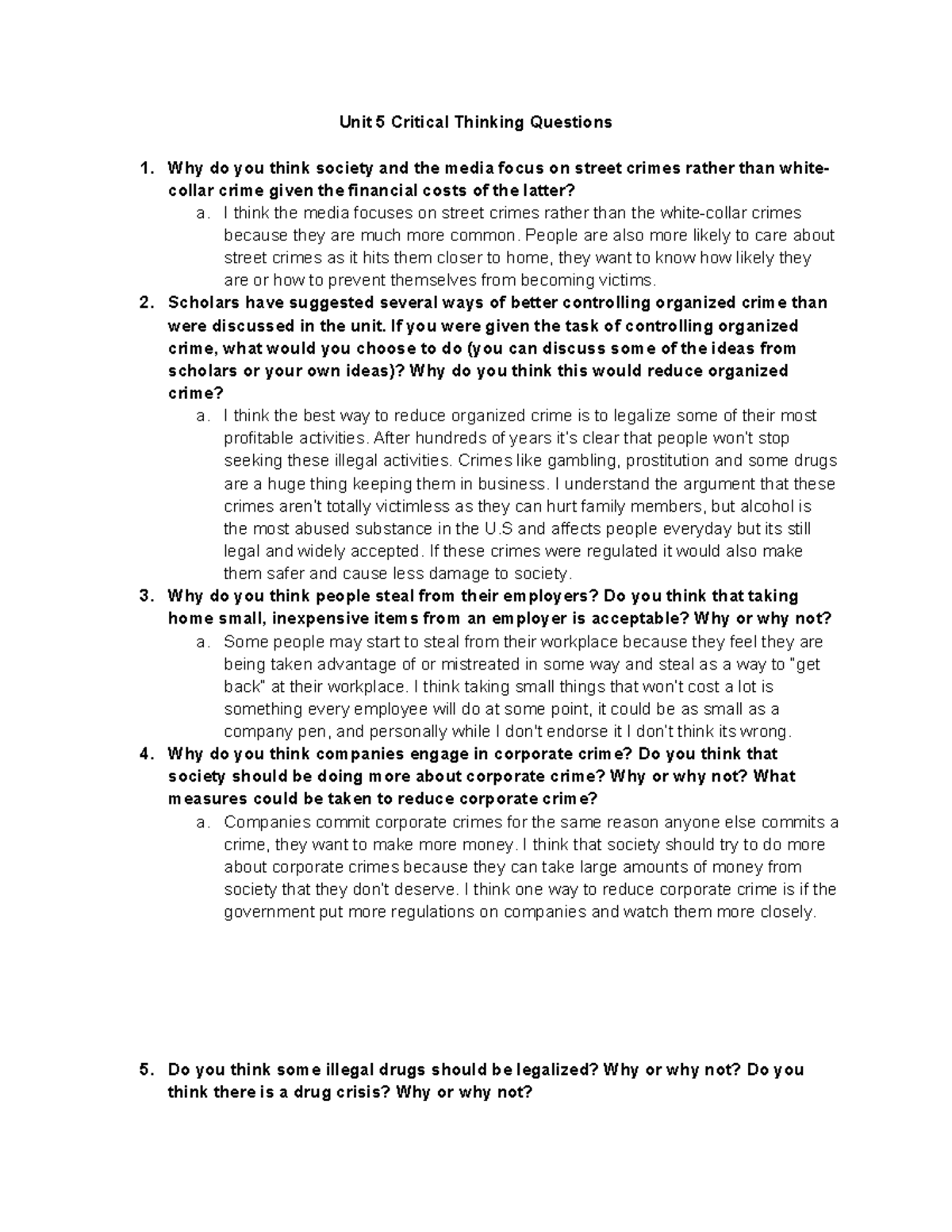 Unit 5 Critical Thinking Questions on Crime & Society Issues - Studocu