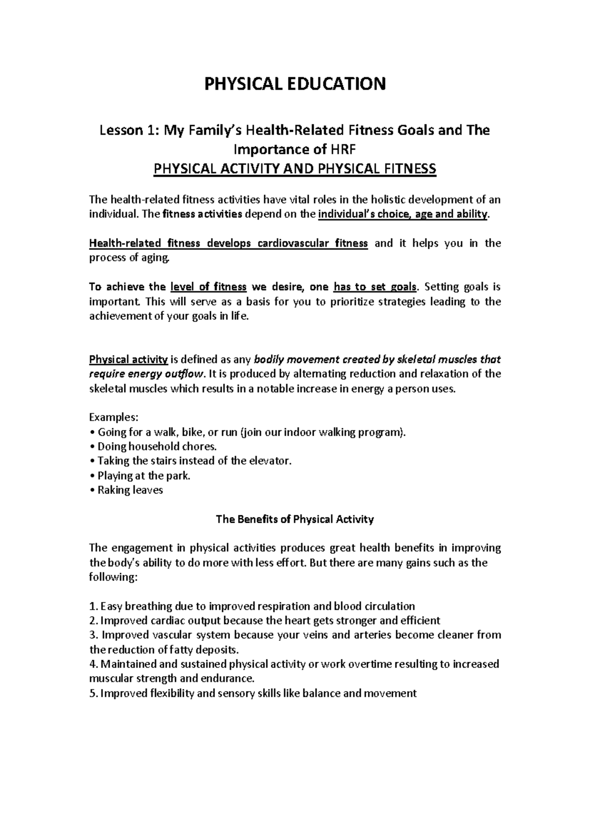 Physical Education (PE 123) - PHYSICAL EDUCATION Lesson 1: My Family’s ...