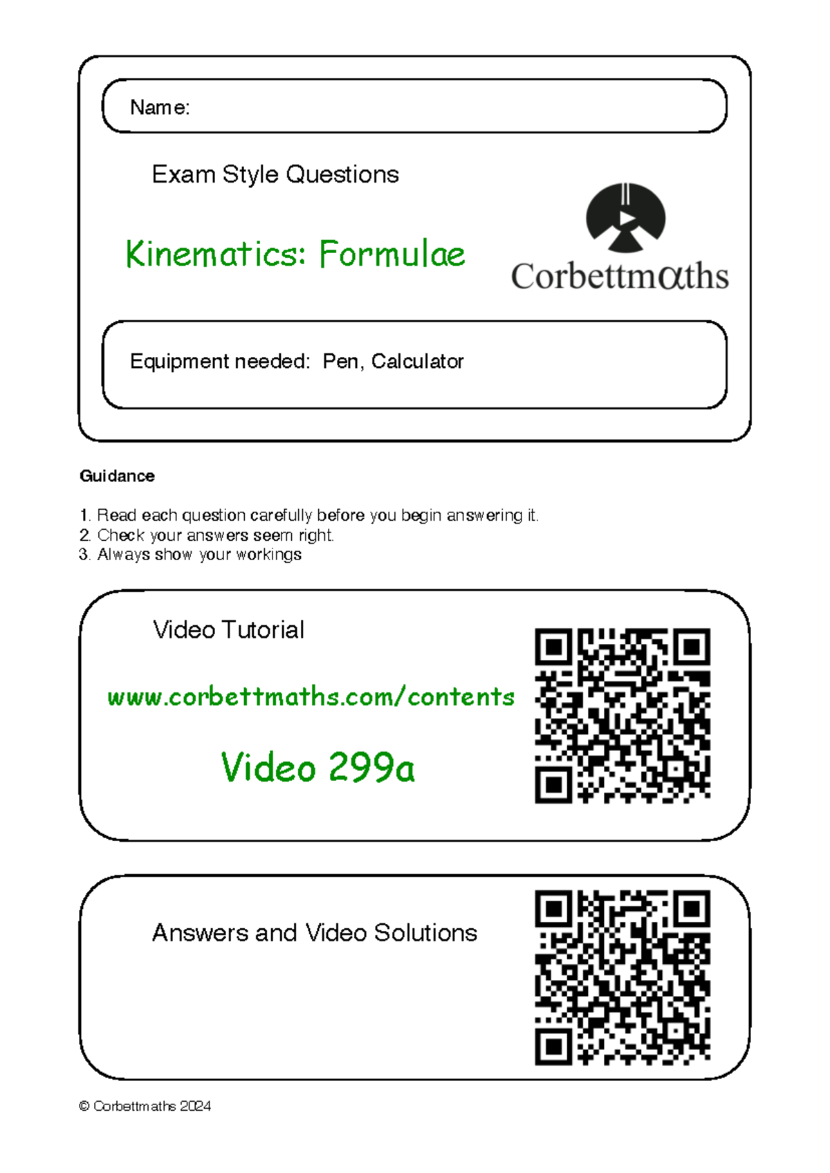 Kinematics Exam Style Questions: Formulae & Guidance - Studocu