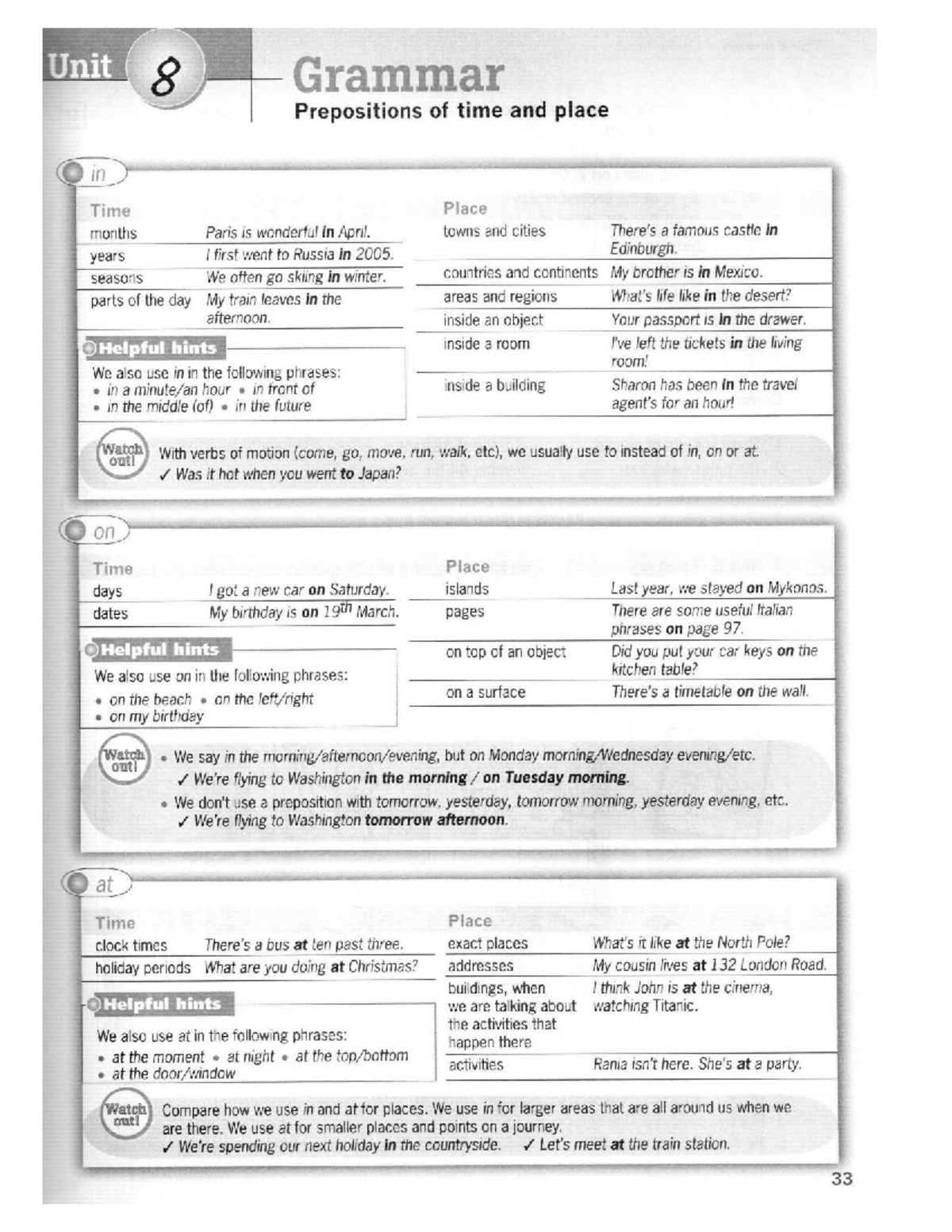 Unit 8 Grammar: Prepositions of Time and Place - Studocu