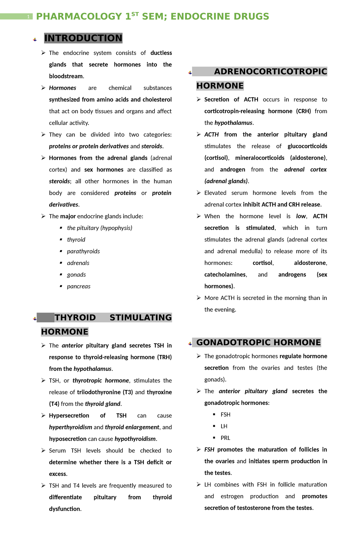 PHARMACOLOGY 1ST WEEK 10 ENDOCRINE DRUGS OVERVIEW - Studocu