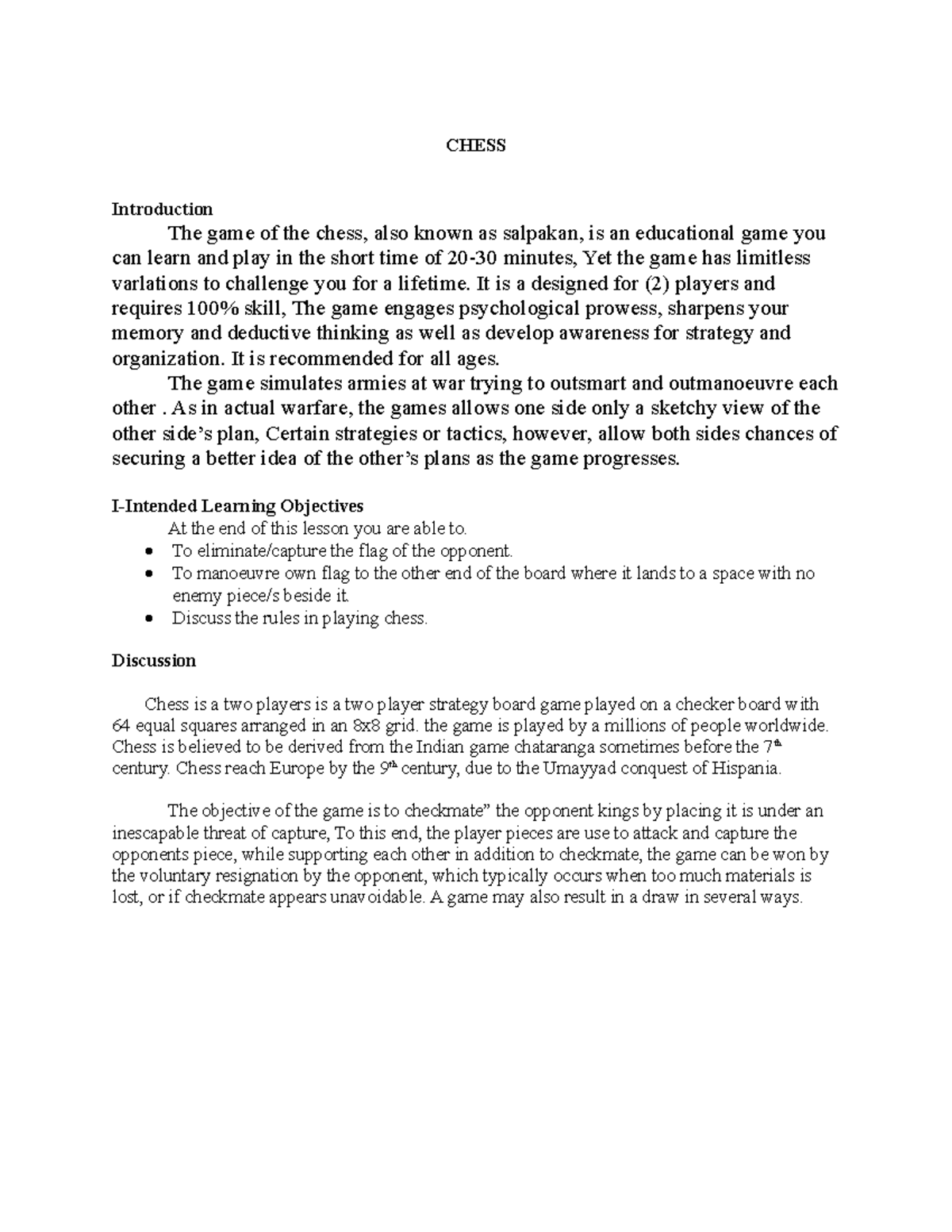 Chess Module with Activity Sheets for Student Engagement - Studocu