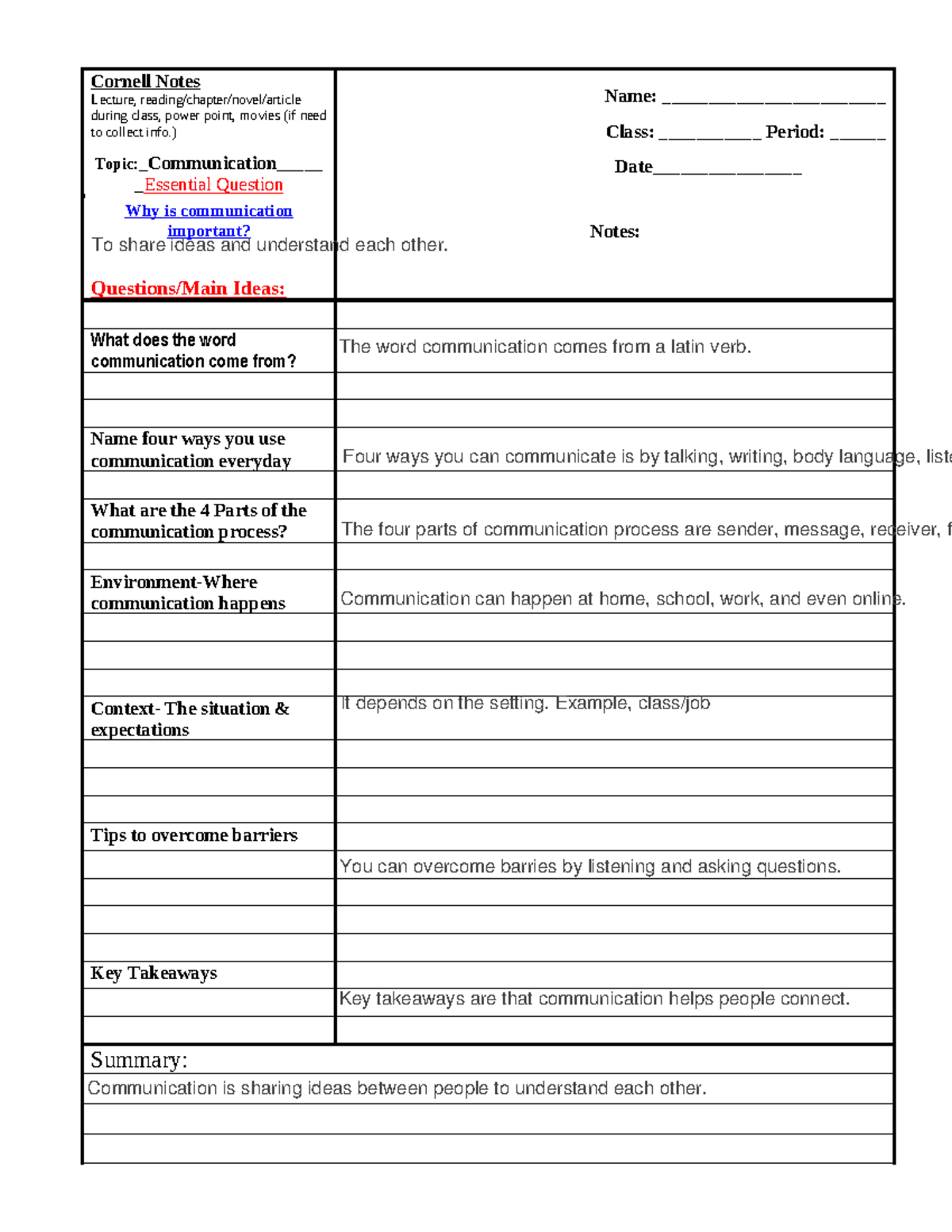 Cornell Notes: Lecture on Communication Importance (2025) - Studocu