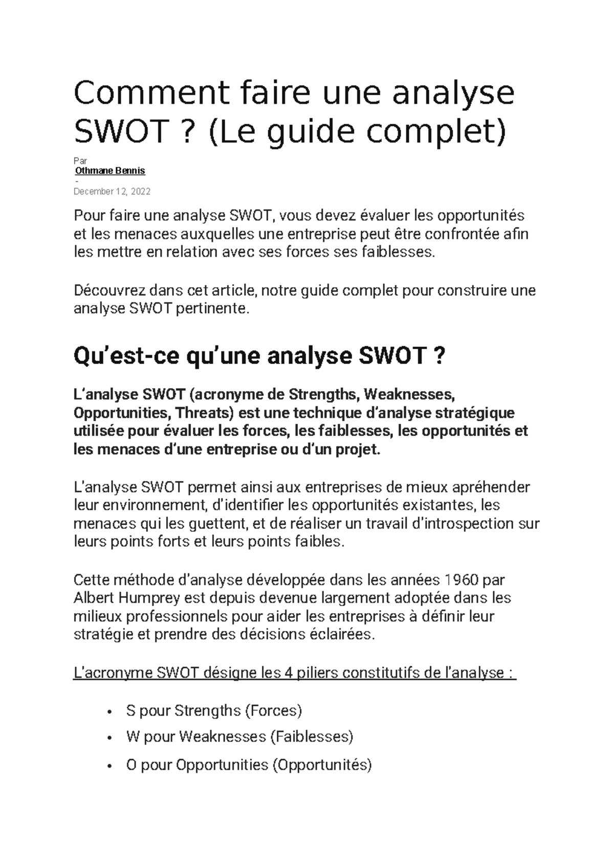 Guide Complet pour Réaliser une Analyse SWOT - Studocu