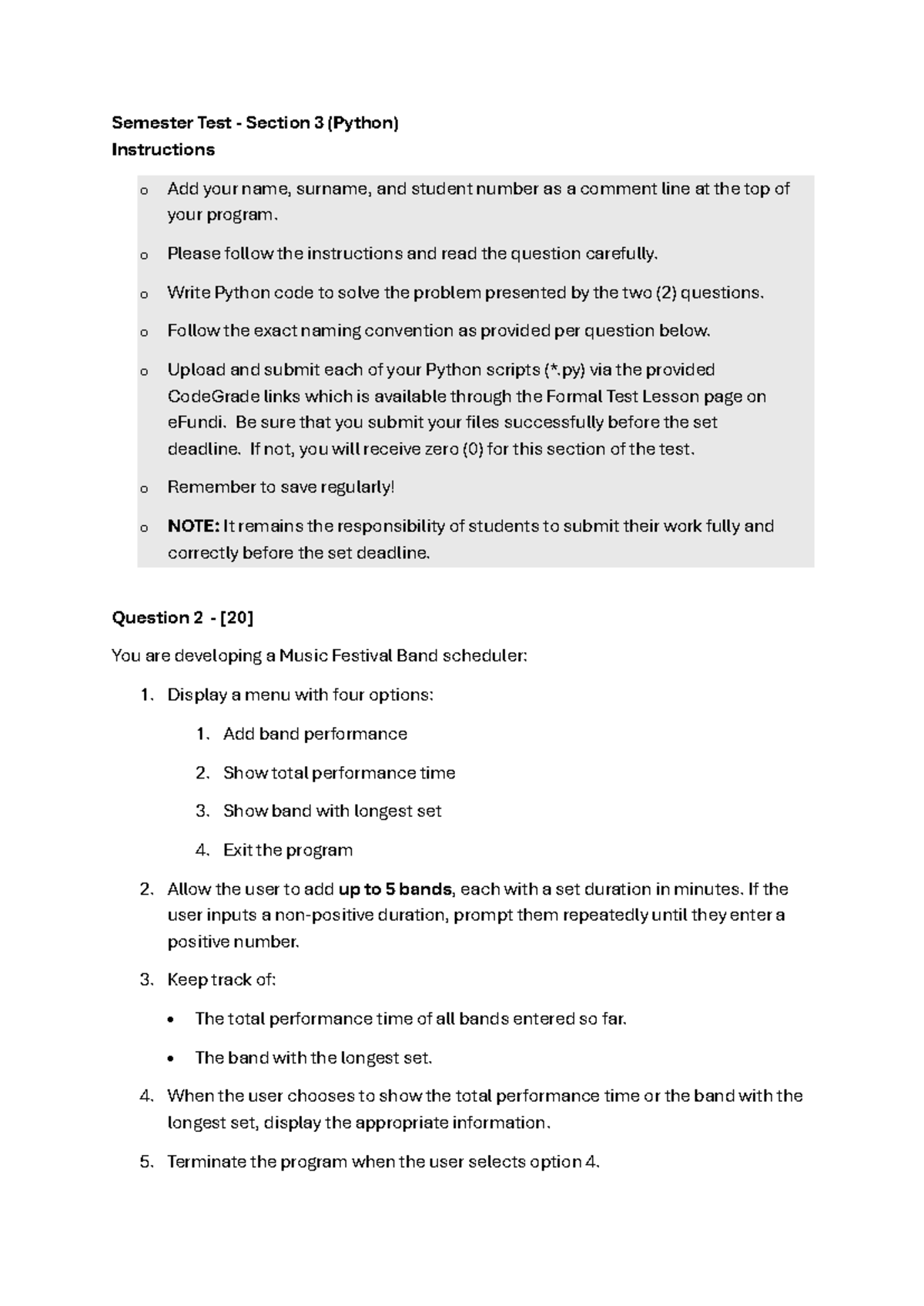 Semester Test (Python) - Band Scheduler Programming Instructions - Studocu