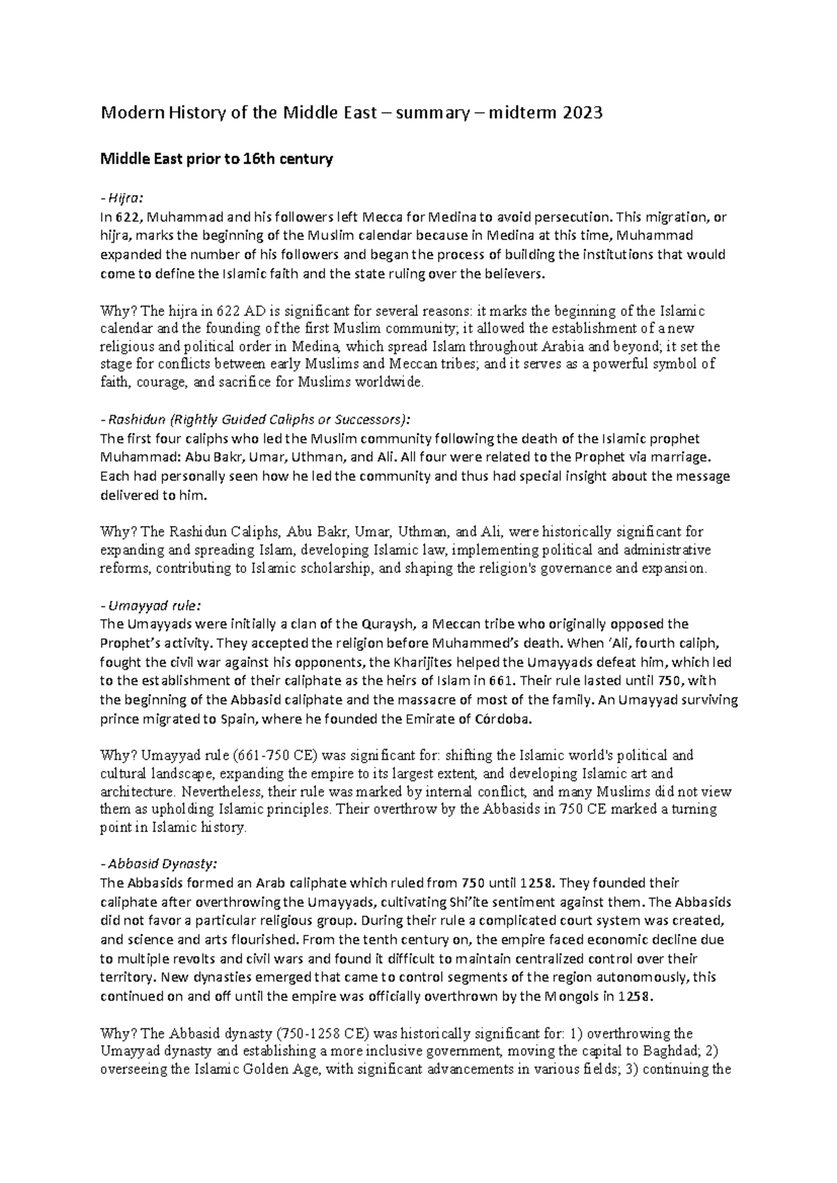 Terms and Historical Overview of the Modern Middle East (Midterm 2023 ...