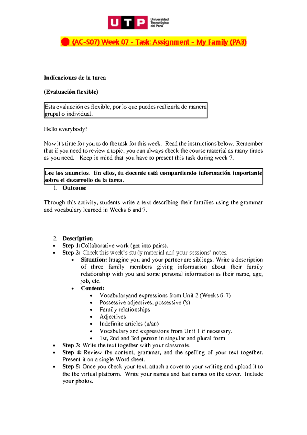 🔴 (AC-S07) Week 07 - Task Assignment: Describing My Family (PA3) - Studocu