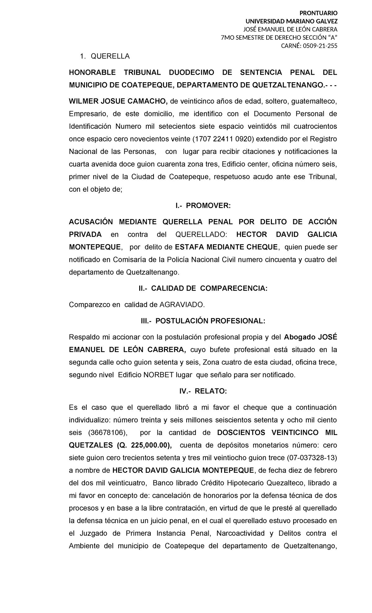 Prontuario- Clinica- Penal - UNIVERSIDAD MARIANO GALVEZ JOSÉ EMANUEL DE ...