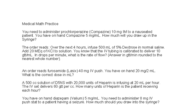Medical Math Practice: Dosage Calculations & IV Infusions - Studocu