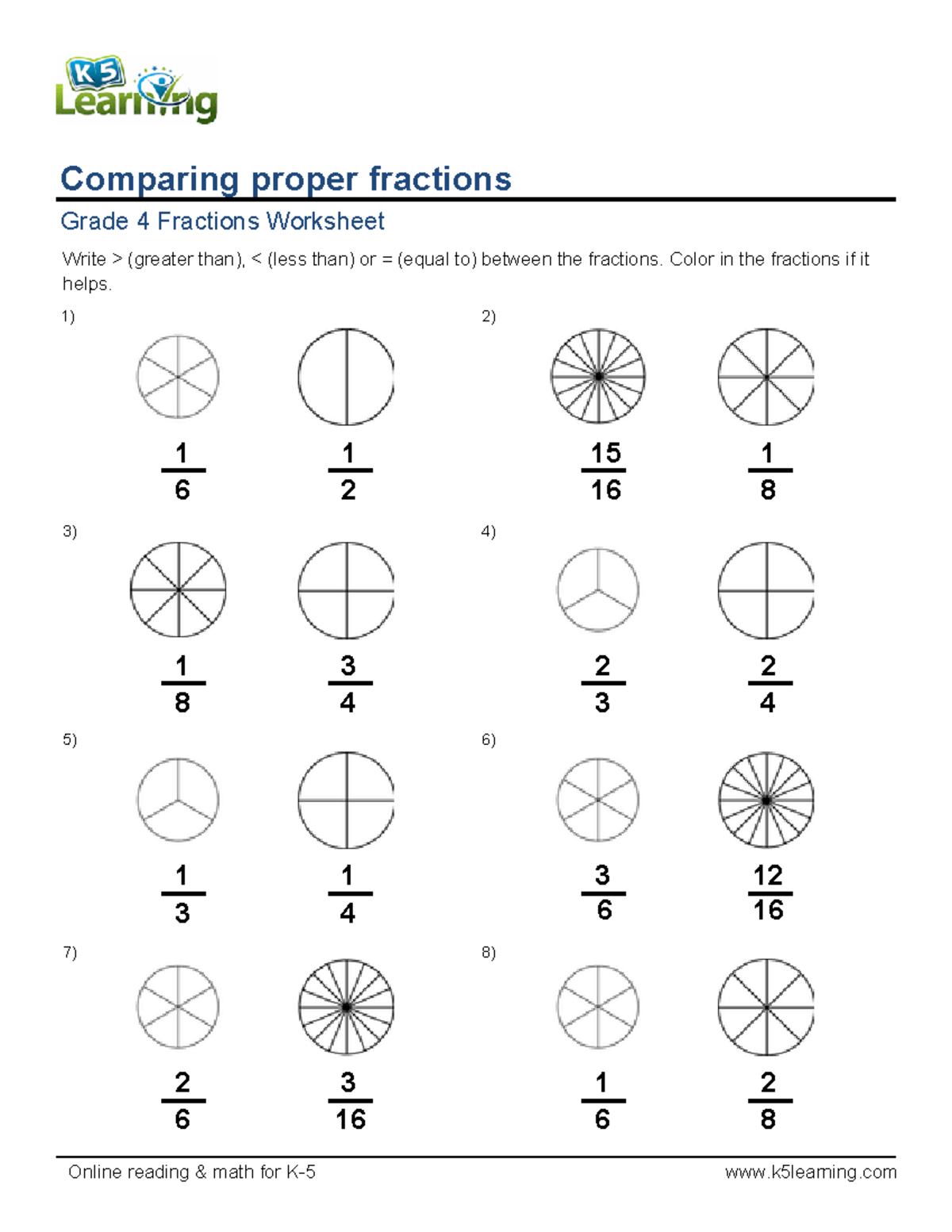 Grade 4 comparing proper fractions a - Online reading & math for K- 5 ...
