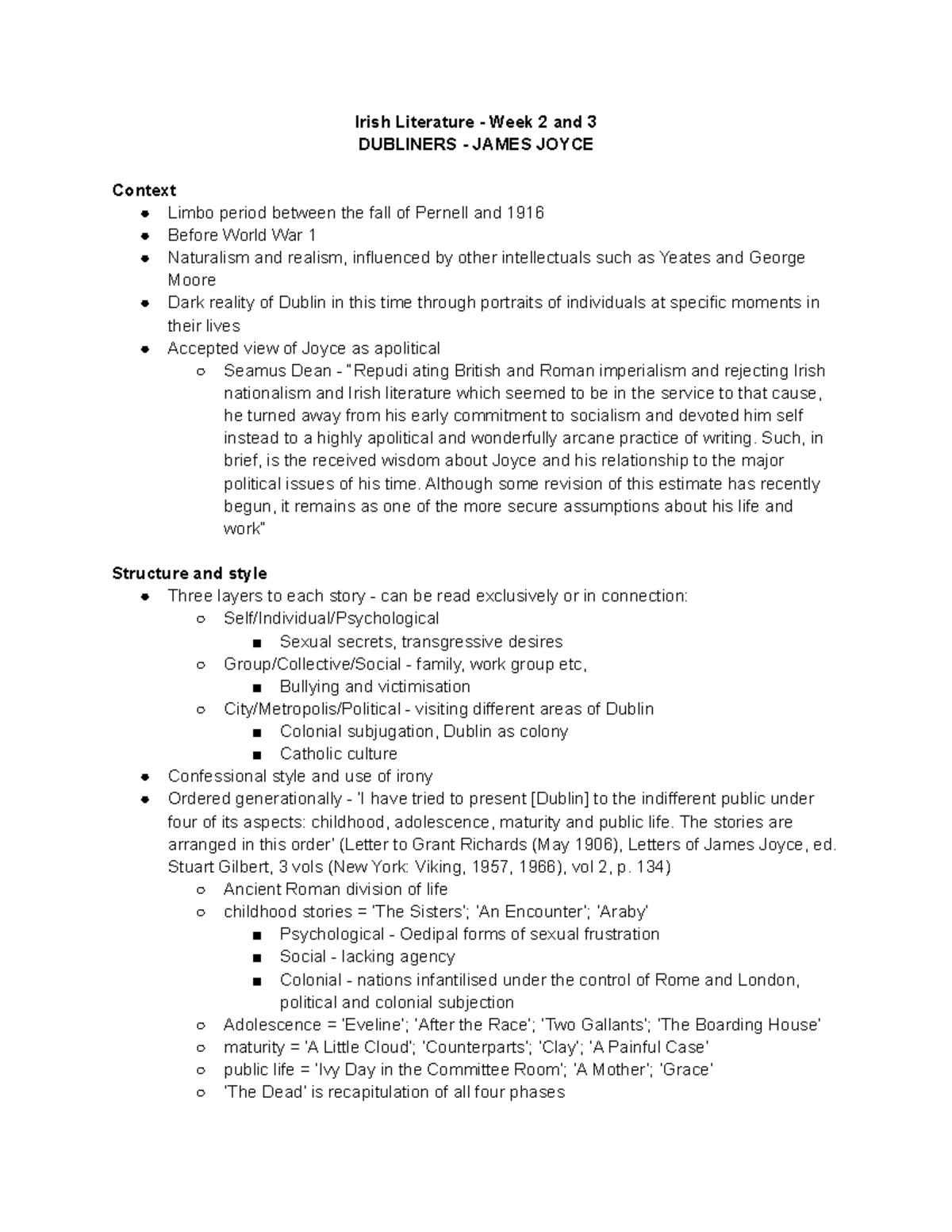 Week 2 3 Dubliners - Lecture notes 2-3 - Irish Literature - Week 2 and ...