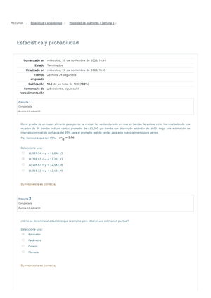Modalidad de exámenes Semana 5 Revisión del intento - Estadística y probabilidad Pregunta 1 ...