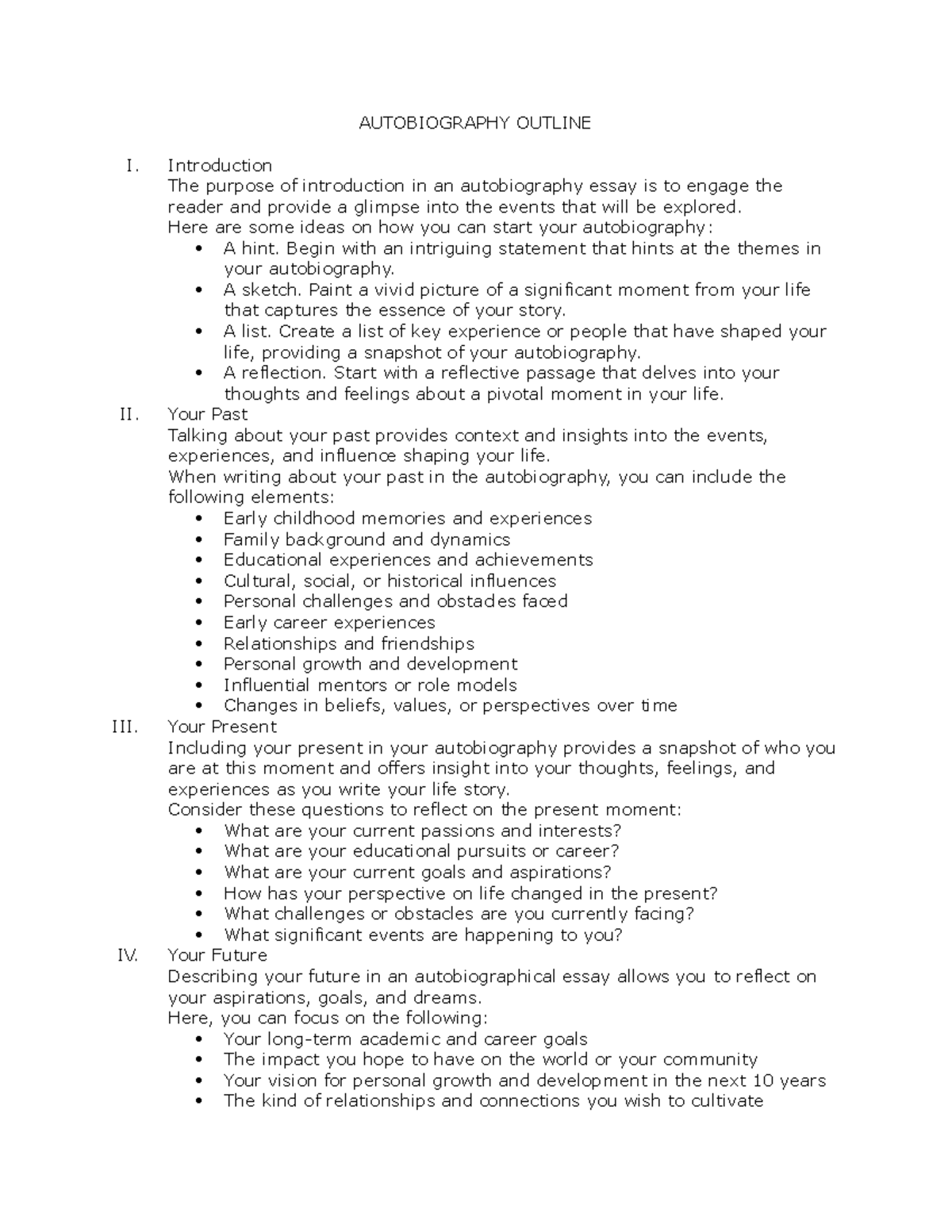 Autobiography Outline: Key Components for Life Story Narration - Studocu
