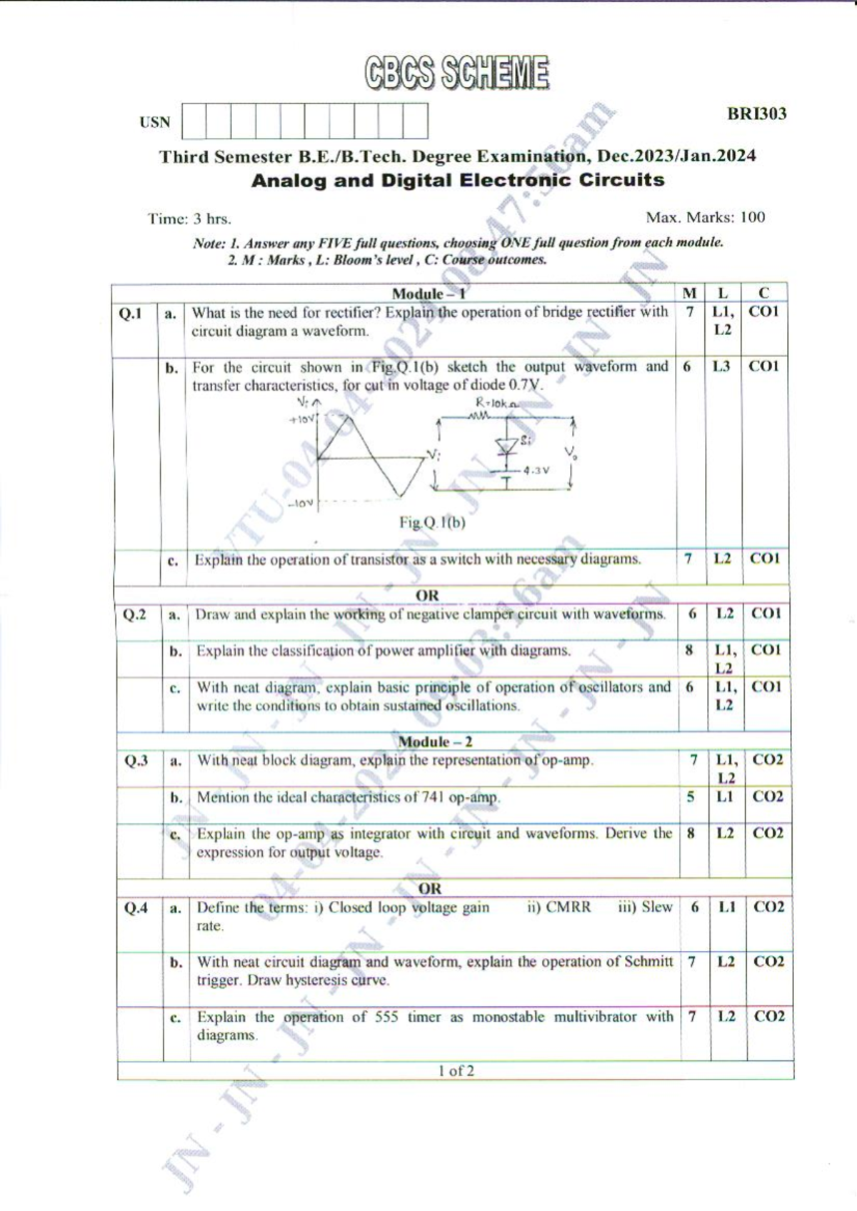 BRI303 - Third Sem Exam: Analog & Digital Electronic Circuits QP - Studocu