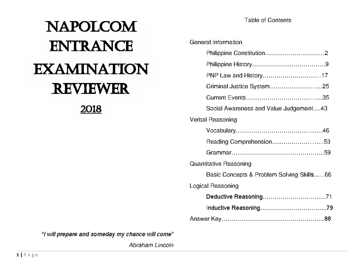MOCK Examination Trial for NAPOLCOM Entrance Exam Review - Studocu